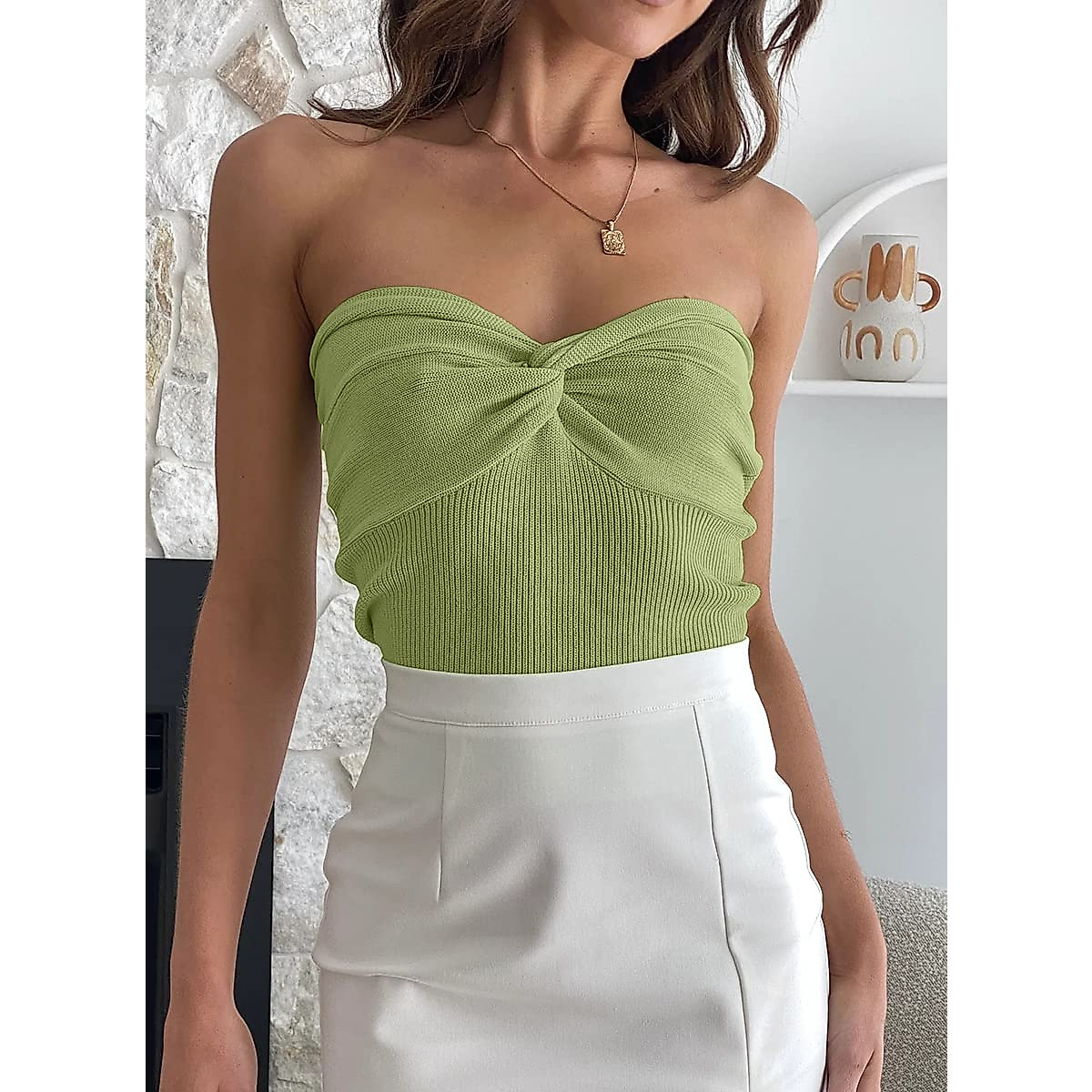 EFAN Womens Tube Tops Summer Sweater Twist Knot Front Knit Bandeau Strapless Ribbed Sleeveless Y2K Corset Crop Top Light Green S