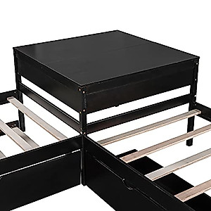 L Shaped Platform Bed with Trundle and Drawers Linked with Built-in Desk, Wooden Twin Bed Frame for 3 Kids Teens Adults, Espresso