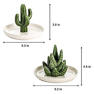 Elsjoy Set of 2 Aloe and Cactus Ring Holder Dish, Ceramic Plant Jewelry Dish Bracelet Earrings Necklace Organizer Tray, Decorative Succulent Trinket Dish for Wedding, Birthday Gifts, Home Decor