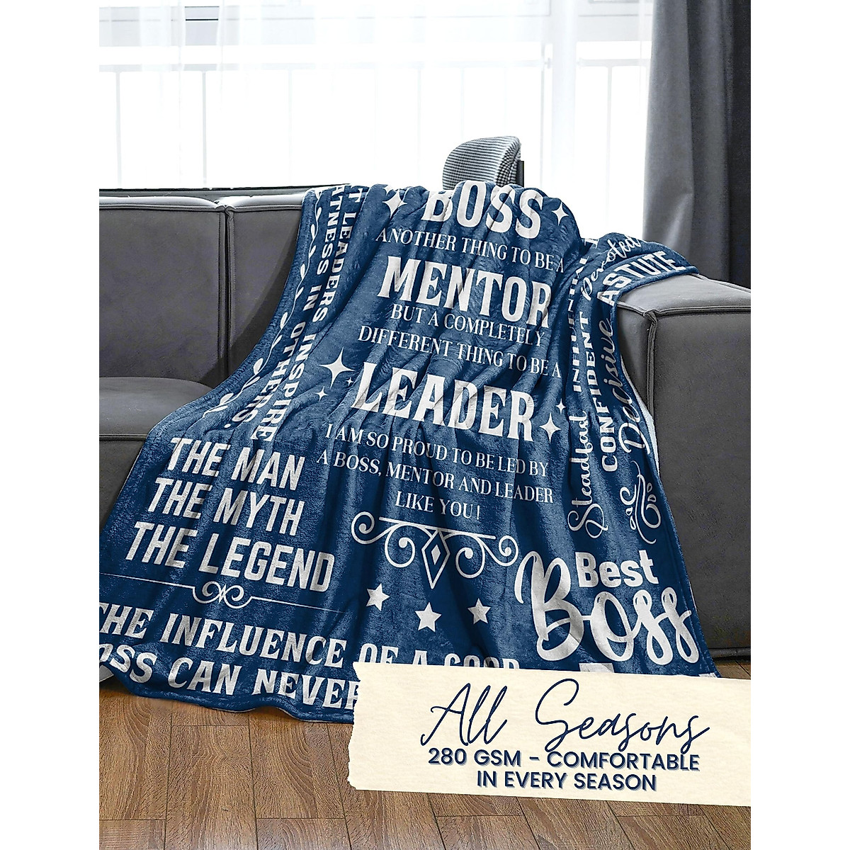 Boss Gifts from Employees, Bosses Day Gifts for Men, Bed Flannel Plush Throw Blankets (50"x 65") Christmas Office Gift Idea on Boss Day, Birthday, Appreciation, Retirement, Mentor Leader-Blue