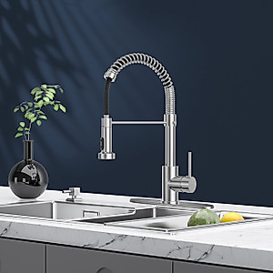 BASDEHEN Kitchen Faucets with Pull Down Sprayer, Brushed Nickel Spring Commercial Kitchen Sink Faucet Solid Brass with 10 Inch Mounting Table 1 Hole Or 3 Hole Compatible…