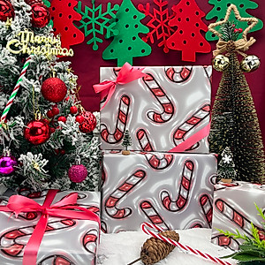 Dtiafu 3D Inflated Puff Candy Cane Wrapping Paper - Metallic Sliver Christmas Decoration - 6 Pcs Gift Wrapping Paper for Xmas Holiday