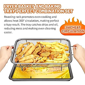 Air Fryer Basket For Oven 2 Set, 15.2 x 10.3 inch Stainless Steel Air Fryer Basket and Baking Sheet, with Non-stick Coating, For French Fried, Turky, Bacon, Chicken Wings