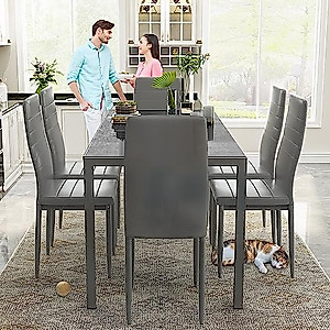Recaceik Glass Dining Table Sets for 6, 7 Piece Kitchen Table and Chairs Set for 6 Person, Tempered Glass Table and PU Leather Chairs Modern Dining Room Sets for Small Dinette Apartment