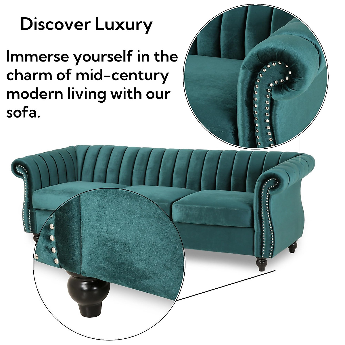 Merax Upholstered Chesterfield Sofa, 3 Seater Vintage Couch Rolled Arm for Living Room Bedroom Office, Teal