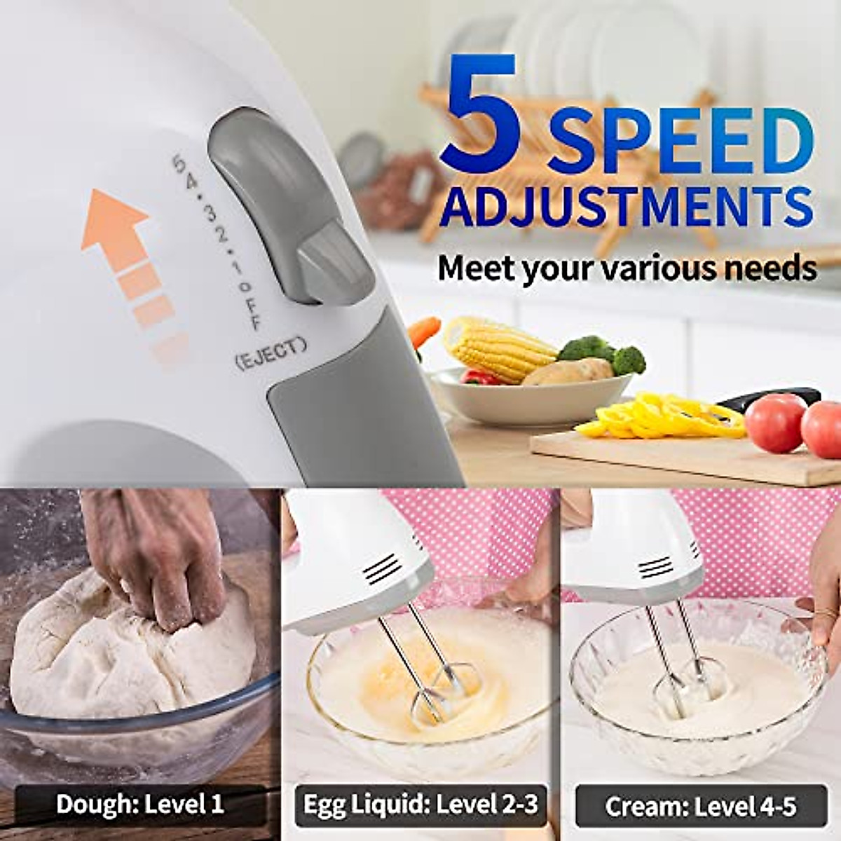 Electric Hand Mixer - Electric Baking Tools Includes 4 Stainless Attachments, 1 Egg White Separator - Chillcook Baking Mixer for Bread, Cake, Meringue - 300W Copper Motor 5-Speed Control
