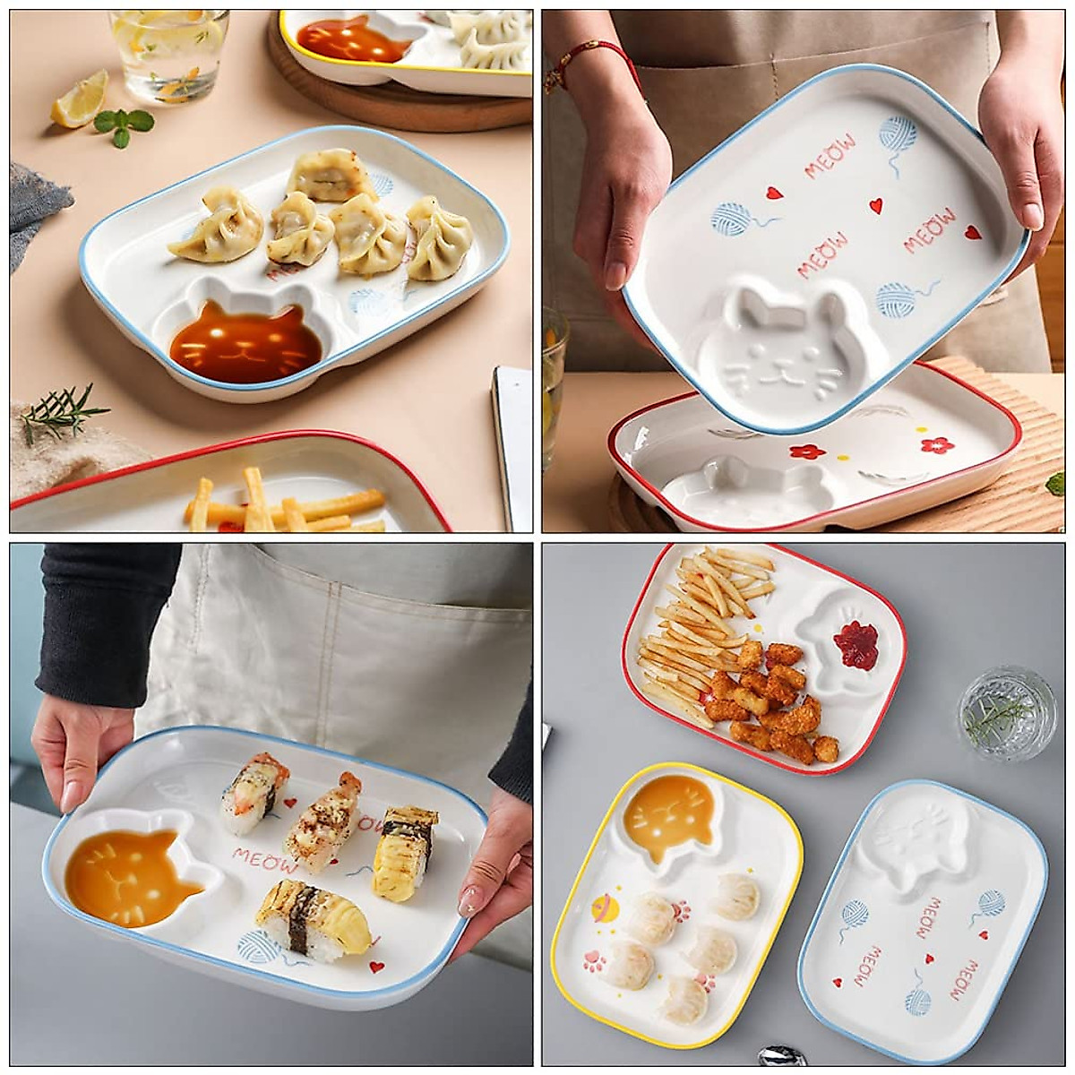 Hemoton Japanese Sushi Plates Ceramic Dumpling Plate with Sauce Dish Compartment Dip Serving Platter Snack Dessert Tray for Dim Sum Chips Salad Blue