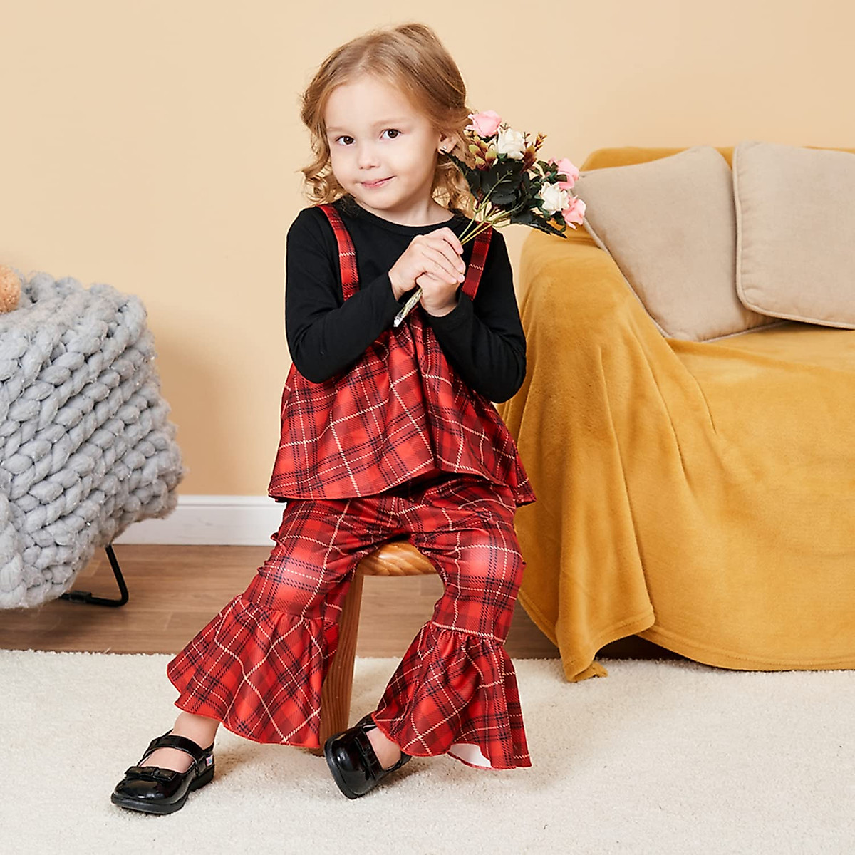 LitBear Toddler Baby Girls Christmas Outfits Plaid Drees Shirt Flare for Newborn Xmas Dress Clothes Set 6M-3T