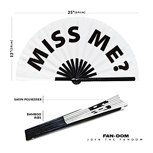 Miss Me? hand fan foldable bamboo circuit hand fan funny gag slang words expressions statement gifts Festival accessories Rave handheld Circuit event fan Clack fans (White)
