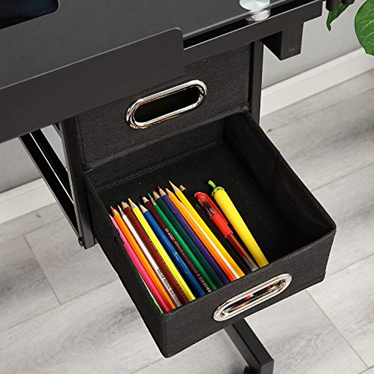 sogesfurniture Adjustable Glass Drafting Table, Versatile Art Craft Station Study Table, Tabletop Adjustable Art/Craft Desk with 4 Rolling Wheels and Slide Drawers for Home Office, Black