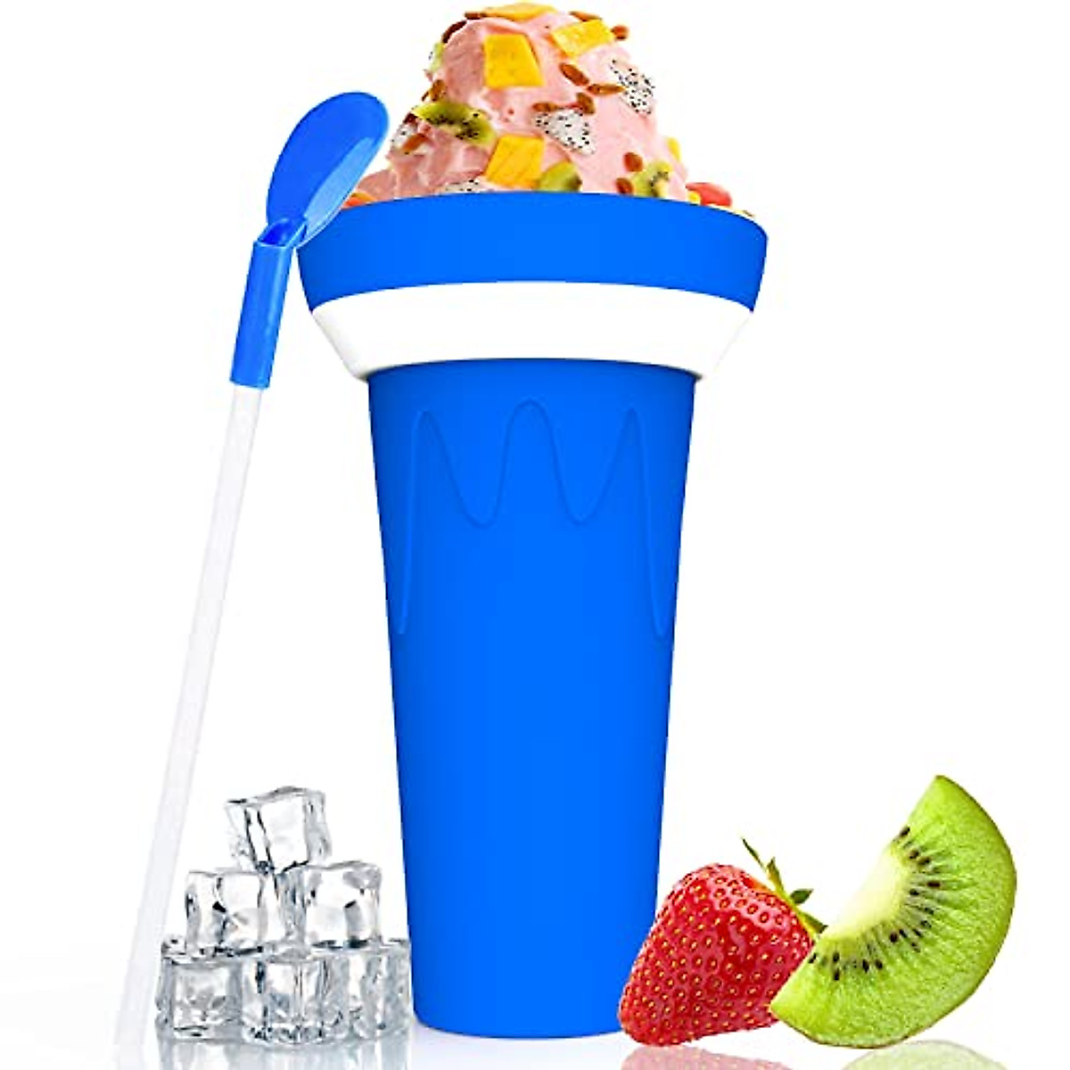 LATIBELL Slushie Maker Cup - Slushie Cup maker Squeeze Cool Stuff Double Layer Silicone Slush Cup 16.9 Ounce Summer Cooling Cup with Straw and Spoon Blue