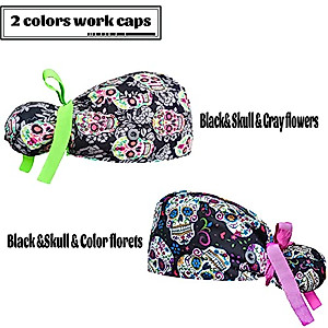 YUESUO 2 Pack Working Cap with Buttons and Sweatband,Cotton Working Hats with Adjustable Ponytail Pack Ribbon Tie Back Hats for Women & Men,Long Hair Head Covers Shower Caps (Q)