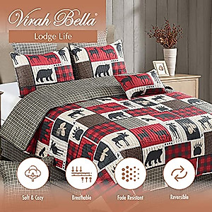 Virah Bella 3 Piece King Cabin Quilt Bedding Set - Lodge Life - Rustic Country Reversible Patchwork Comforter Set with Decorative Pillow Shams