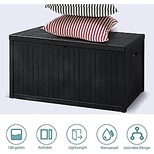 SUNVIVI OUTDOOR 120 Gallon Deck Storage Box with Hydraulic Hinge, Resin Patio Storage Bin with Lockable Lid, Waterproof Outside Storage Container for Cushions, Pool Supplies, Garden Tools, Black