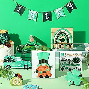 Glenmal 1 Set St. Patrick's Day Tiered Tray Decor Set Rustic Farmhouse Wood Sign Lucky Sign Shamrock Gnomes Wooden Tier Tray Decor Items for St. Patrick Irish Party