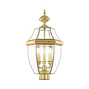 Livex Lighting Lantern 2354-02 Monterey 3 Light Outdoor Polished Brass Finish Solid Brass Post Head with Clear Beveled Glass, 17" x 9" x 11"