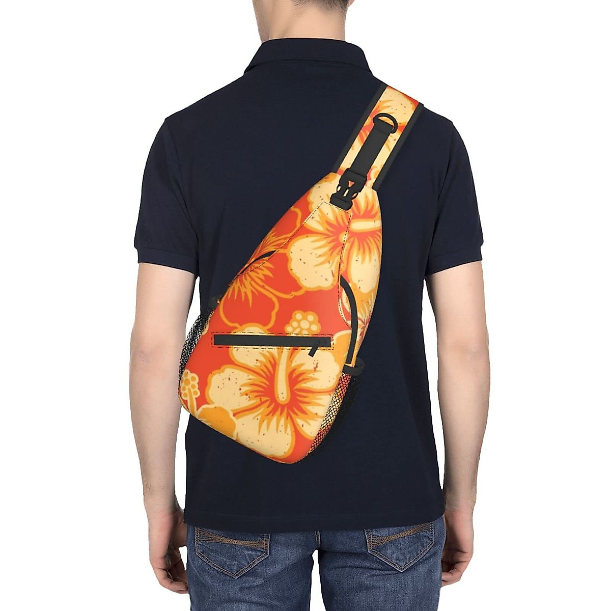 Sling Bag, Orange Hawaiian print Crossbody Sling Backpack for Casual Shoulder Women & Men, Black