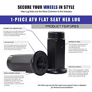 Wheel Accessories Parts Set of 16 Black 10x1.25 Flat Seat ATV & UTV Lug Nuts 14mm Hex - Fits Honda, Suzuki, Arctic Cat, KTM, Yamaha, Can Am, Polaris and Can Am Commander UTV w/Flat Seat Rims