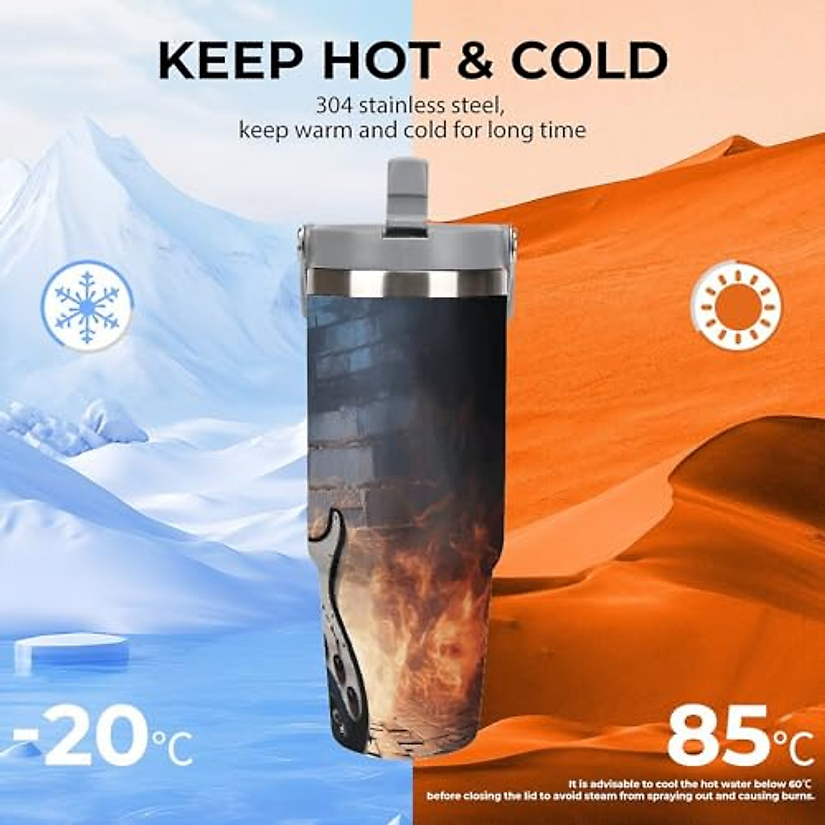 30oz Stainless Steel Insulated Tumbler with Flip Lid & Straw, Leakproof Travel Mug for Car, Electric Guitar Double Wall Vacuum Thermal Coffee Cup with Handle, Spill-Proof Design for Hot/Cold Drinks