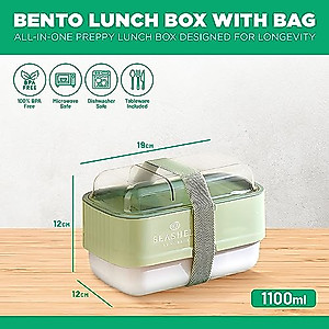Double-Layer Bento Lunch Box For Adults with Bag | (40oz) Capacity Japanese Lunch Box | Spoon and Fork Set | Sauce Container with Lid | Leak-Proof | Microwave/Dishwasher Safe | Green