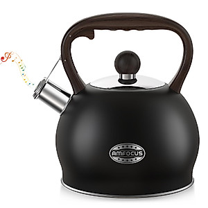 Tea Kettle Whistling Teapot for Stovetop - 2.64 Quart Food Grade Stainless Steel Tea Pot for Stove Top with Wood Pattern Handle, Loud Whistle Kettle for Tea, Coffee, Milk - Black