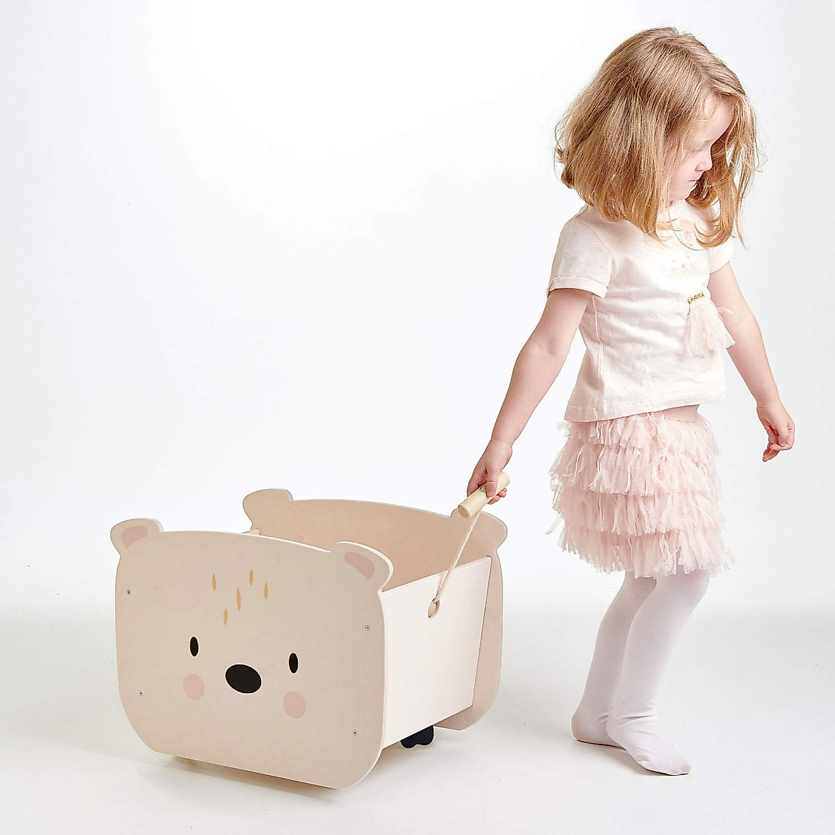 Tender Leaf Toys - Pull Along Bear Cart for Kids - Wooden Cart with Wheels for Moving Play Toys Books for Kids 3 Years+