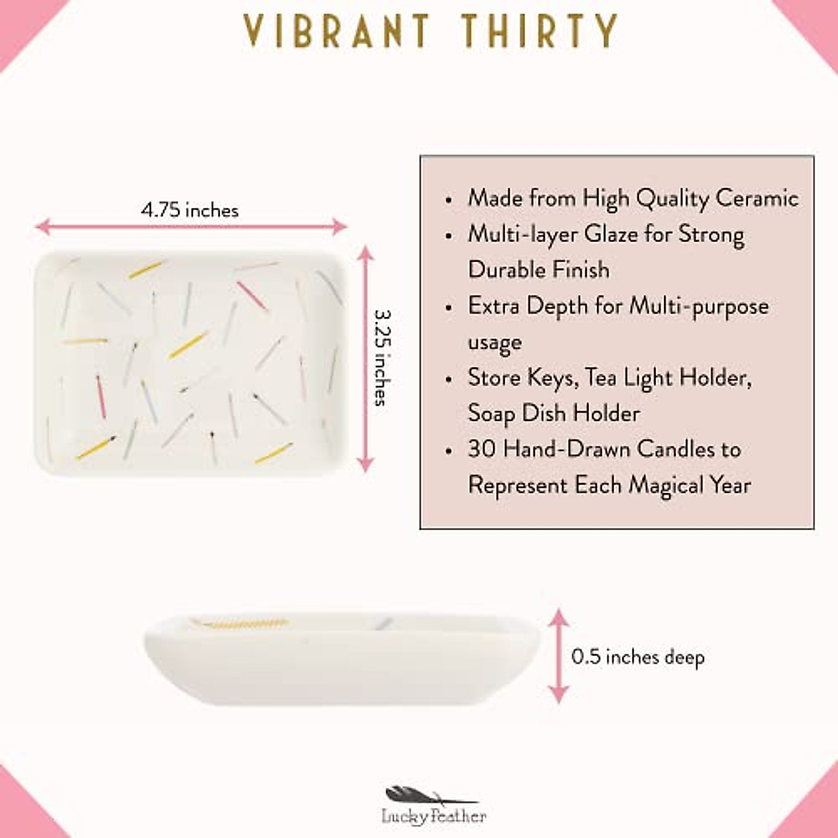 Happy 30th Birthday Gifts for Her - Ceramic Jewelry Dish with 30 Candles, One for Each Year - This Trinket Dish is sure to be a Treasured Gift for 30 Year Old Woman - 30th Birthday Gifts for Women