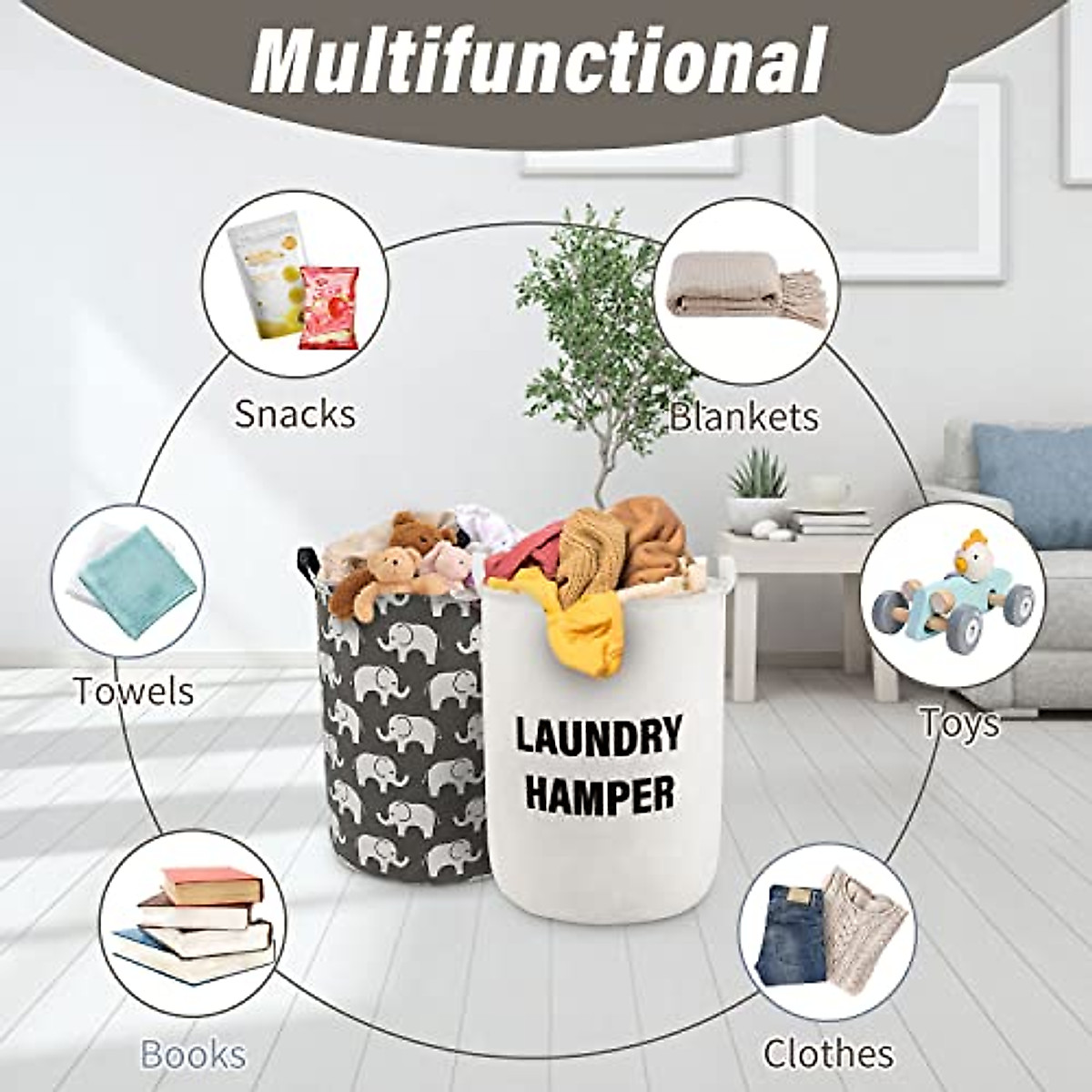 Laundry Basket 2 Pack Waterproof Collapsible Laundry Baskets Freestanding Canvas Fabric Dirty Clothes Hamper Home Bedroom College Dorms (Black Letter) 63L