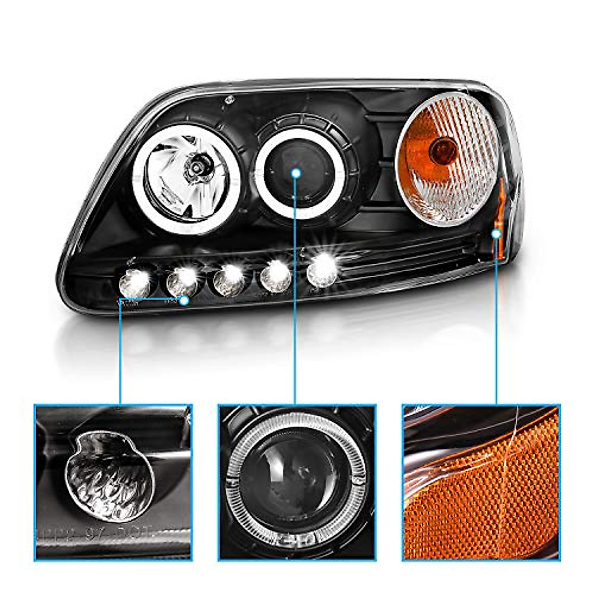AmeriLite for 1997-2003 Ford F150 / Expedition Black Projector LED Dual Halo Ring Headlights Assembly Pair - Passenger and Driver Side