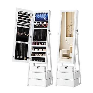 Nicetree Jewelry Cabinet Armoire with 2 Drawers, Lockable Standing Jewelry Mirror Cabinet, Full Length Mirror with Jewelry Storage, White