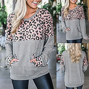 Fheaven Pocket Long Sleeve Sweatshirt for Women Leopard Print Splicing Pullover Tops Pink