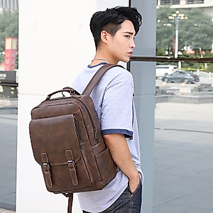 Vintage PU Leather College Backpack Trendy Business Casual Waterproof Bag Laptop Backpack with USB Unisex For Adult Youth (Brown)