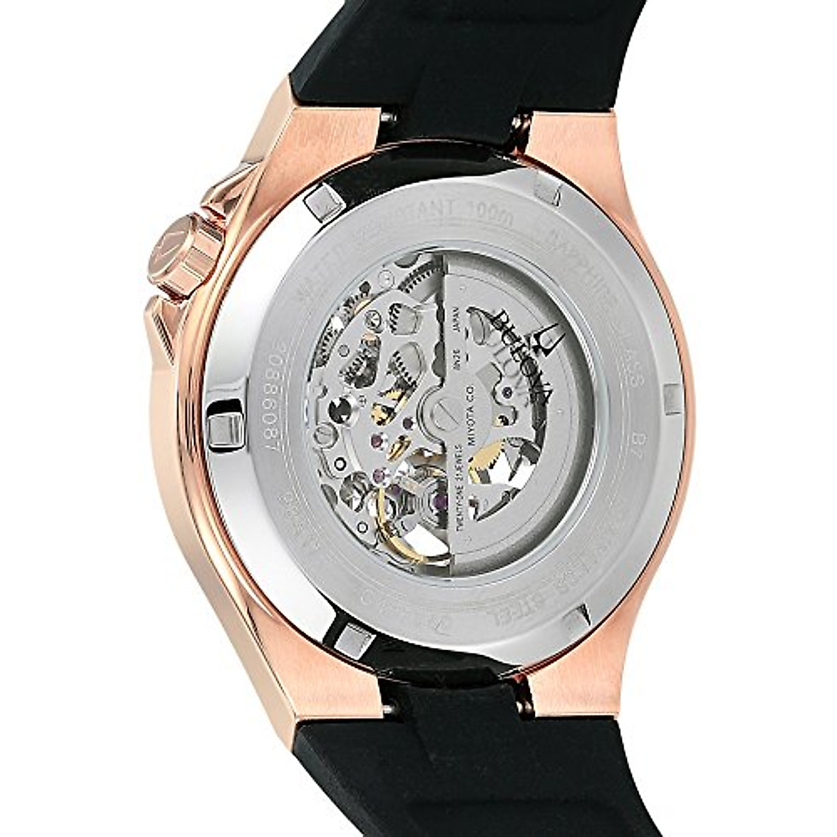 Bulova Men's Classic Maquina Rose Gold Stainless Steel 3-Hand Automatic Watch with Black Silicone Strap, Skeleton Dial Style: 98A177