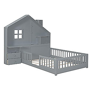 DEYOBED Full Size House Bed Frame, Montessori Floor Bed with Rails, Window and Bedside Drawers, Wooden Platform Bed with Shelves and a Set of Sockets and USB Port, Gray