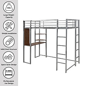 Merax Metal Loft Bed wit Desk and Shelves/Metal Slat Support/Space-Saving Twin, Silver