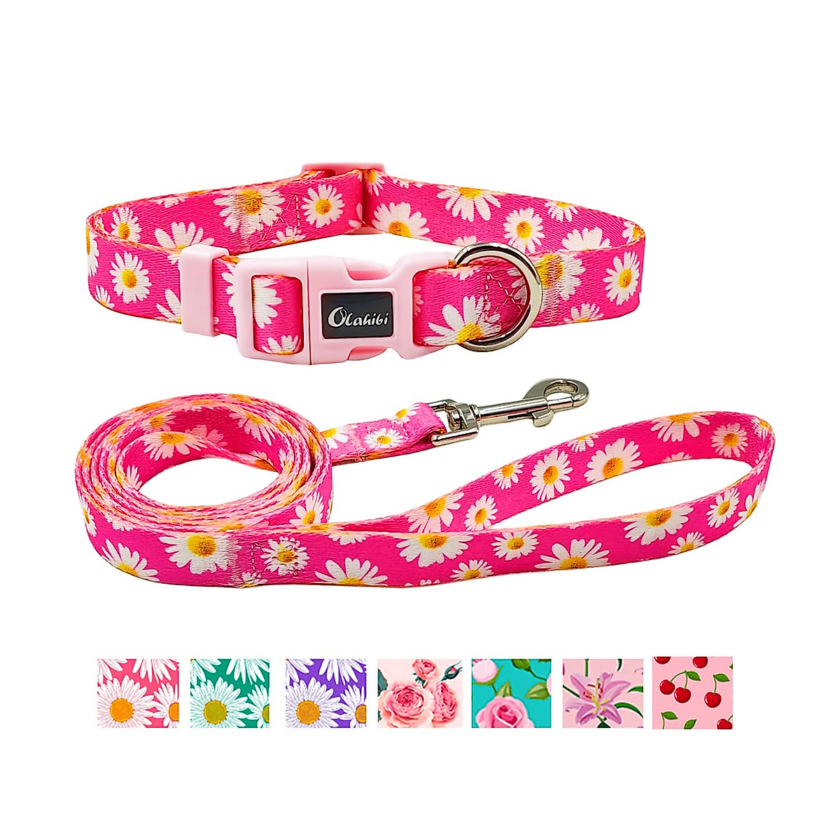 Olahibi Dog Collar and Leash Set, Cute Pink Daisy Pattern, Polyester Material, 5ft Leash, for Small Dogs.(S, Daisy Set)
