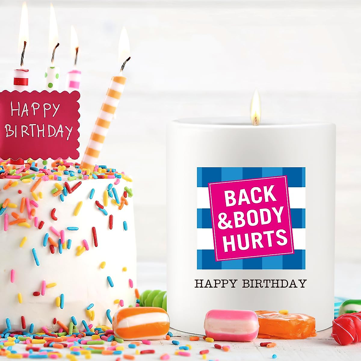 Birthday Candle Gifts, Funny Happy Birthday Candle Gifts, Unique Christmas Birthday Gifts Ideas for Mom, Dad, Sister, Coworker, Back and Body Hurts Scented Soy Candle, 10OZ