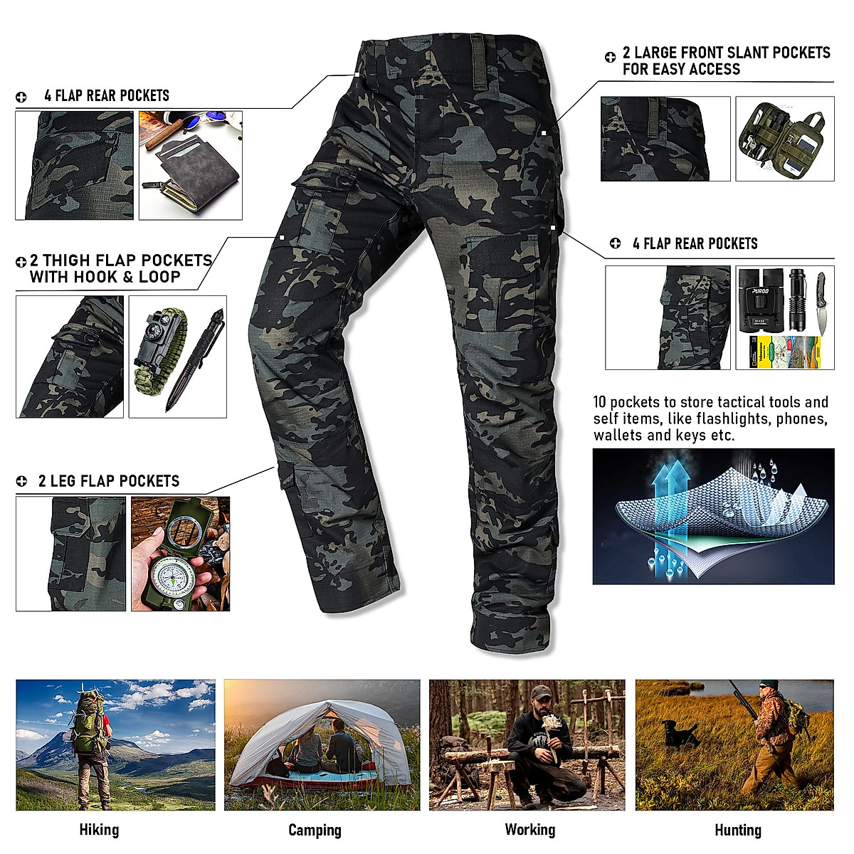 OCANXUE Men's Tactical Pants Camo Cargo Pants Ripstop Work Hiking Pants with 10 Pockets No Belt Size 38