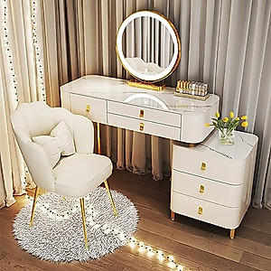 Vanity Desk with Mirror and Lights, White Vanity Table with Drawers,Chair,Cabinets,Vanity Mirror with 3-Color Lighted, Modern Dressing Table for Girls Women for Bedroom (White 31inch)