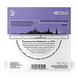 D'Addario Guitar Strings - Phosphor Bronze Acoustic Guitar Strings - EJ26-10P - Rich, Full Tonal Spectrum - For 6 String Guitars - 11-52 Custom Light, 10-Pack