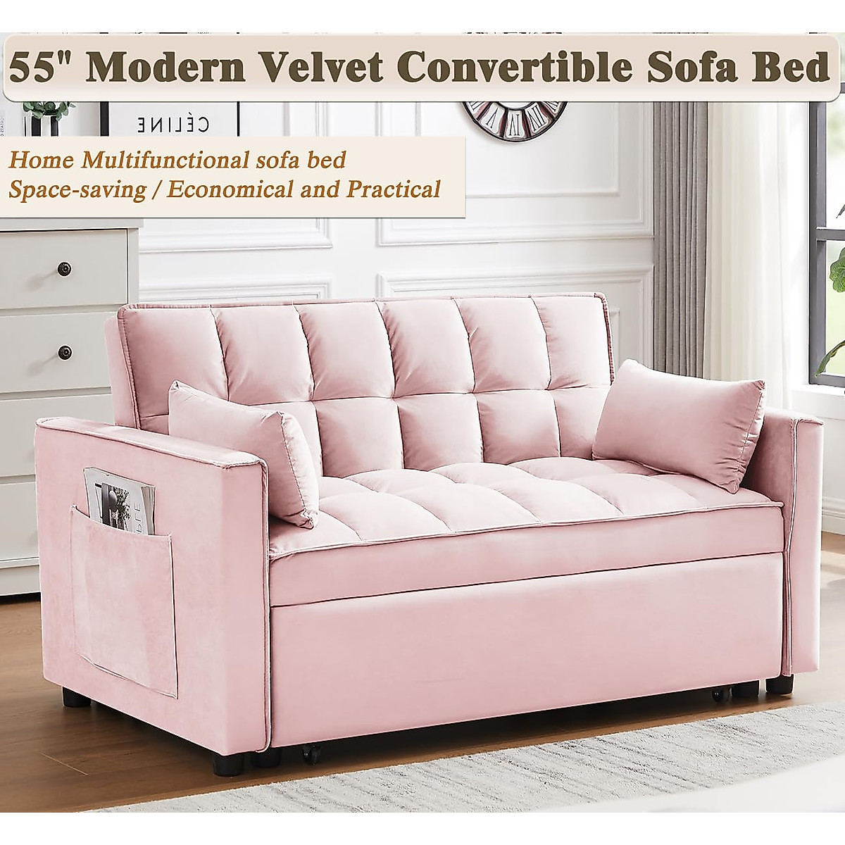 3 in 1 Convertible Velvet Loveseat Futon Couch Bed for Small Spaces - Pull Out Sofa Bed, Adjustable Backrest, Lumbar Pillows (Pink)