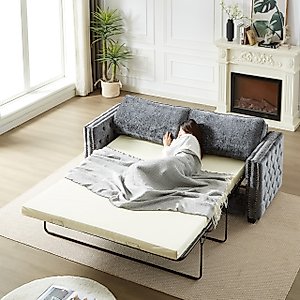 SmartEdge Pull Out Sofa Bed, 2-in-1 Convertible Full Sleeper Sofa Couch with Memory Foam Mattress, Chenille Upholstered Loveseat 3 Seater Full Sofabed Couches for Living Room, Apartment, Grey