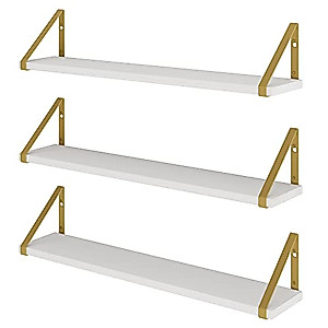 Wallniture Ponza White Floating Shelves for Wall, 24" Wall Shelves for Living Room Decor, Bedroom, Bathroom, Home Office Shelves with Gold Color Brackets