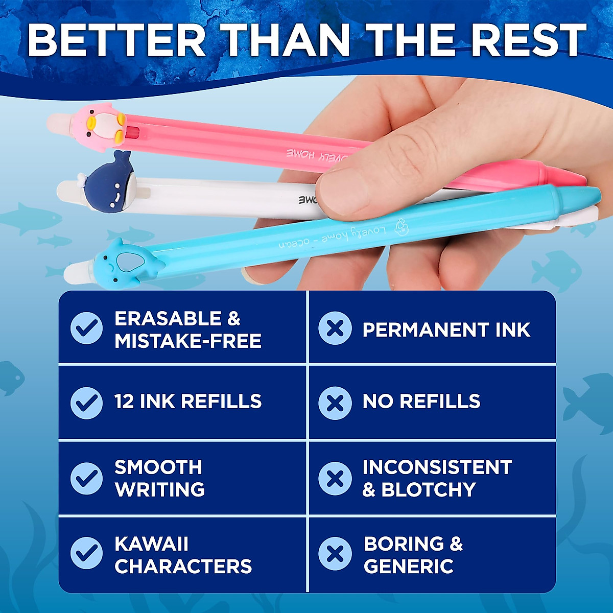 BunMo Erasable Cute Pens - Cute Kawaii Accessories - 12 Ink Pens Include 12 Extra Kawaii Pen Ink Refills. Great Easter Basket Stuffers or Easter Basket Stuffers For Girls