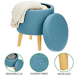 mDesign Round Storage Ottoman Foot Rest Chair - Small Stool Furniture Organizer and Seat with Wood Legs for Dorm, Living Room, Office, Closet, Vanity, Bedroom, or Desk - Teal Blue