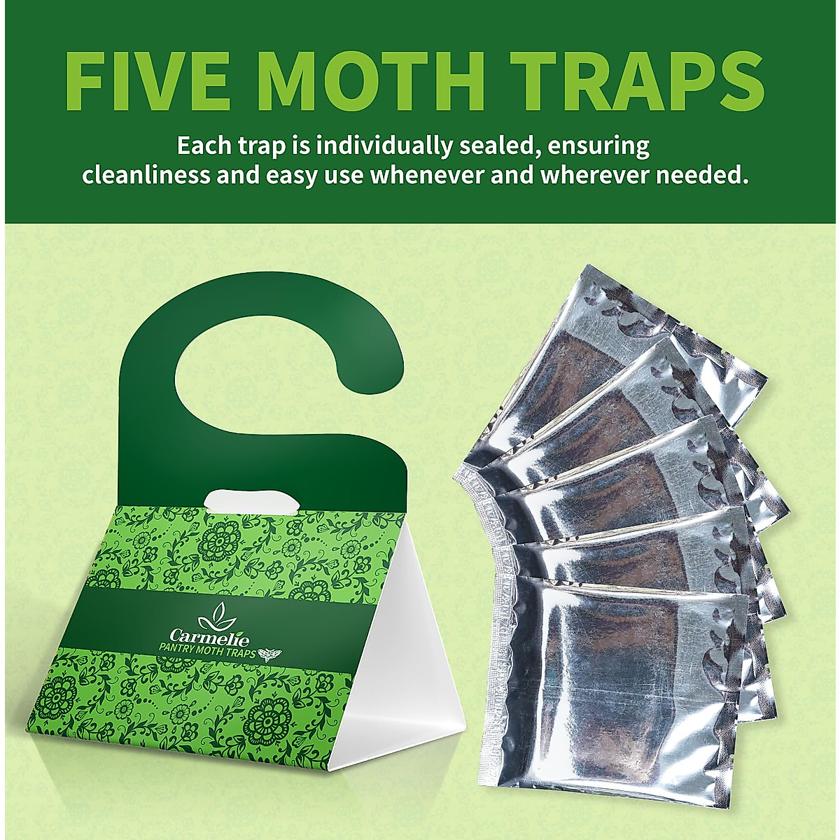 Carmelie Moth Traps, Pantry Moth Traps with Pheromones Prime, 5 Moth Traps for Meal Moth Killer, Sticky Glue Flies Pest Food and Cupboard Moth Killer, Hook Design for Indoor Kitchen Closet, Non-Toxic