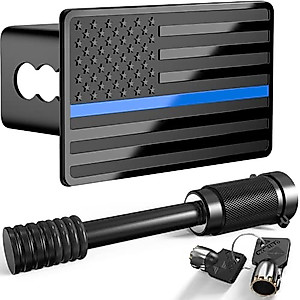 TOEASYTY Heavy American Flag Metal Trailer Hitch Cover for 2" inch Receivers,Tow Hitch Covers 2 Inch for Truck Accessories (with 5/8-Inch Pin Diameter Trailer Hitch Lock, Blue Line)