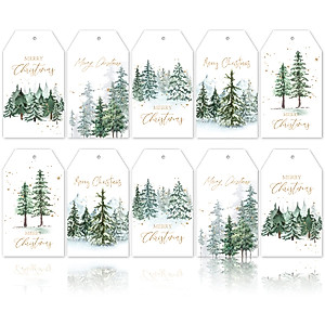 Whaline 120Pcs Christmas Paper Gift Tags Watercolor Christmas Tree Tags Gold Foil with Hemp Rope Merry Christmas Holiday Hanging Labels Gift Tags for Xmas Winter DIY Gift Party Favor Decor, 5 Designs