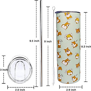 IchDich Corgi Tumbler With Lid and Straw 20 oz Insulated Dog Tumbler Stainless Steel Corgi Skinny Tumbler Water Bottle Travel Mug Wine Cups Corgi Gifts for Corgi Lovers