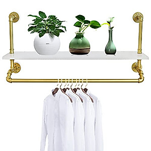 Wall-Mounted Garment Rack ,Modern Simple Clothing Store Heavy Metal Display Stand Garment Bar,Clothes Rail,Bathroom Hanging Towel Rack,Multi-purpose Hanging Rod for Closet Storage (Gold Square Tube W/Shelf ,39.37"L)